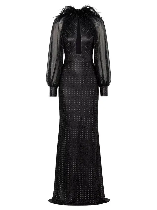 GEMY MAALOUF Feather-trimmed Crystal Embellished Gown - Black
