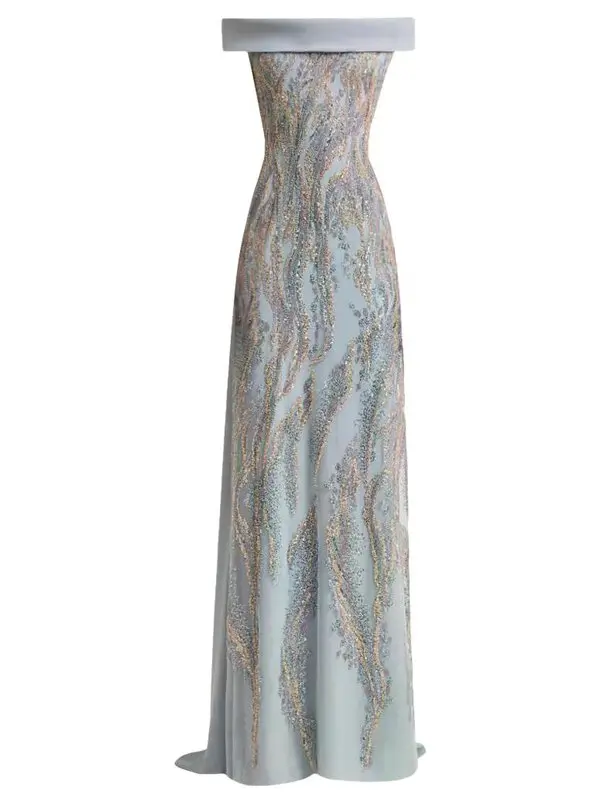 GEMY MAALOUF Embellished Off-the-shoulder Cape Detail Maxi Dress - Grey
