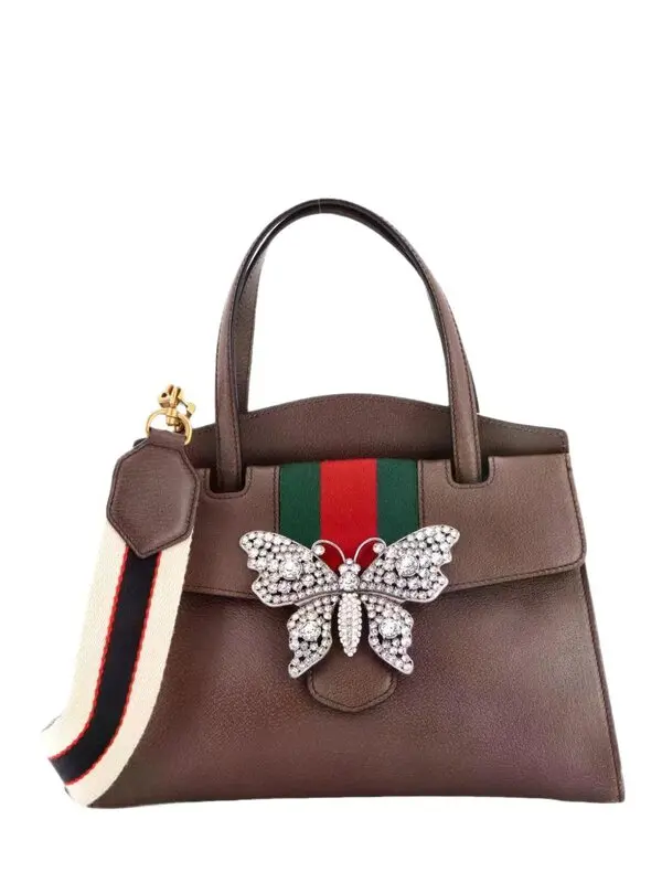 Gucci Leather Medium Tote Bag With Butterfly Embellishment - Brown