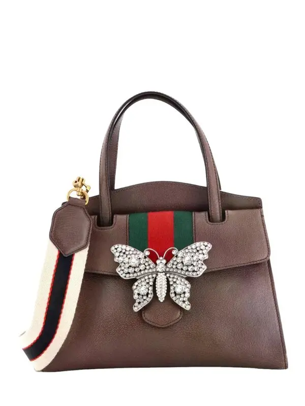 Gucci Leather Medium Tote Bag With Butterfly Embellishment - Brown