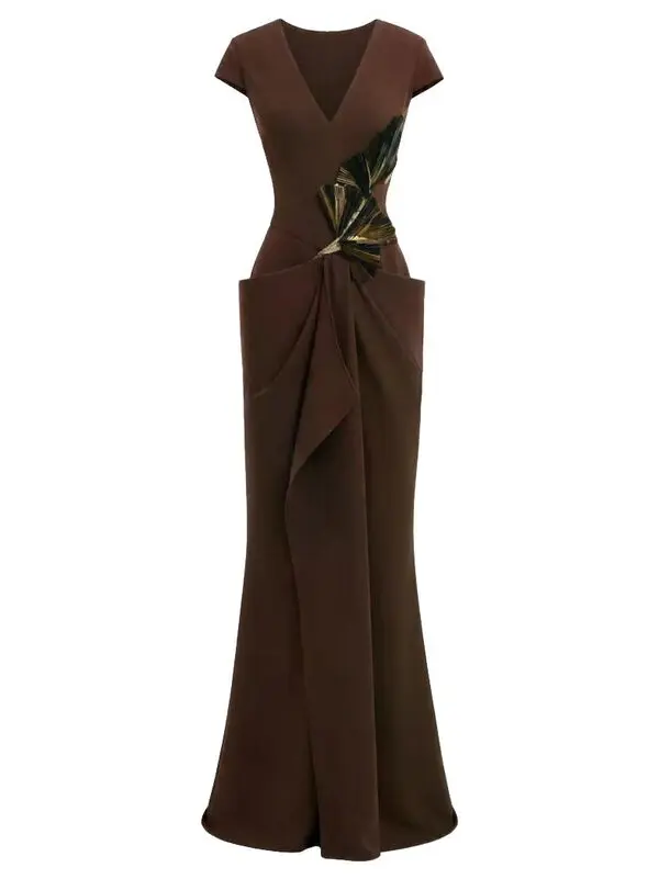 GEMY MAALOUF Embellished Draped Maxi Dress - Brown
