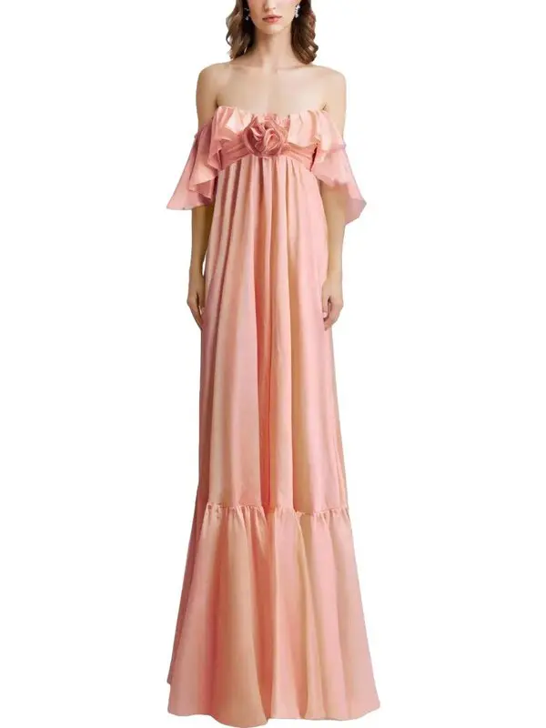 GEMY MAALOUF Off-the-shoulder Flower Appliqué Gown - Pink
