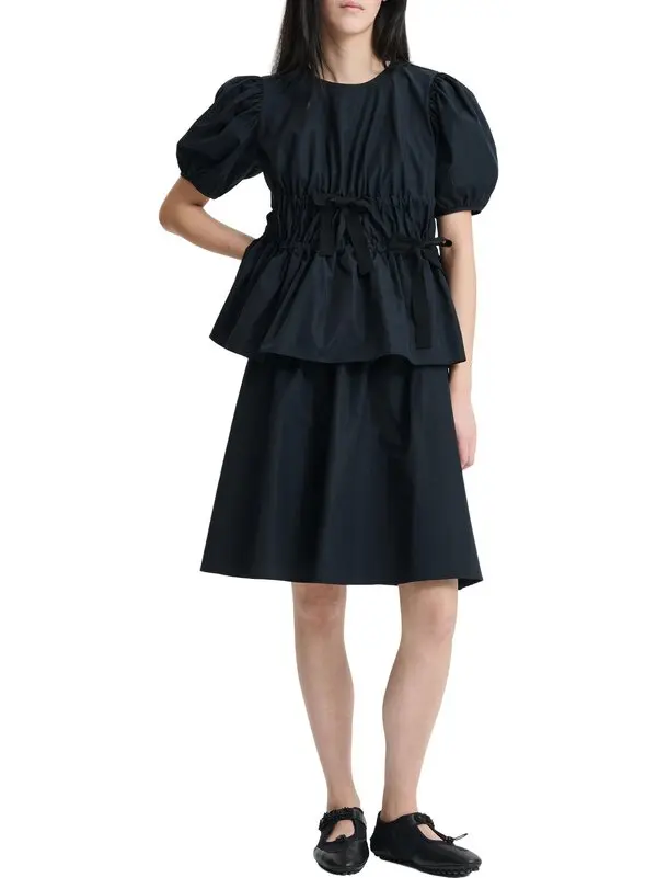 Cecilie Bahnsen Poplin Gathered Peplum Top With Puffed Sleeves - Black