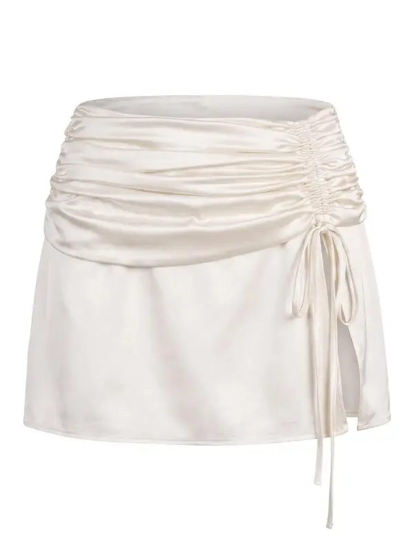 CLERESTORY Juliette Ruched Satin Drawstring Mini Skirt - White
