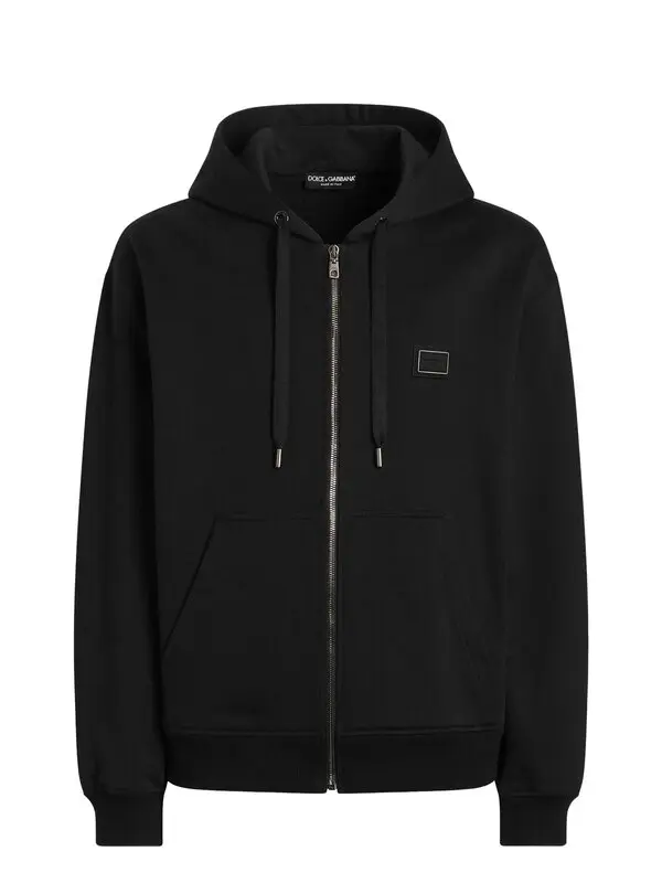 Dolce & Gabbana Cotton Zip-up Hooded Sweatshirt With Logo Plate - Black