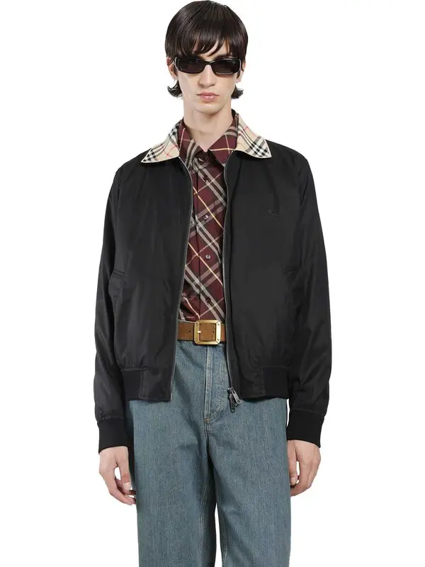 Burberry Gabardine Glenfields Harrington Jacket With Check Collar - Black
