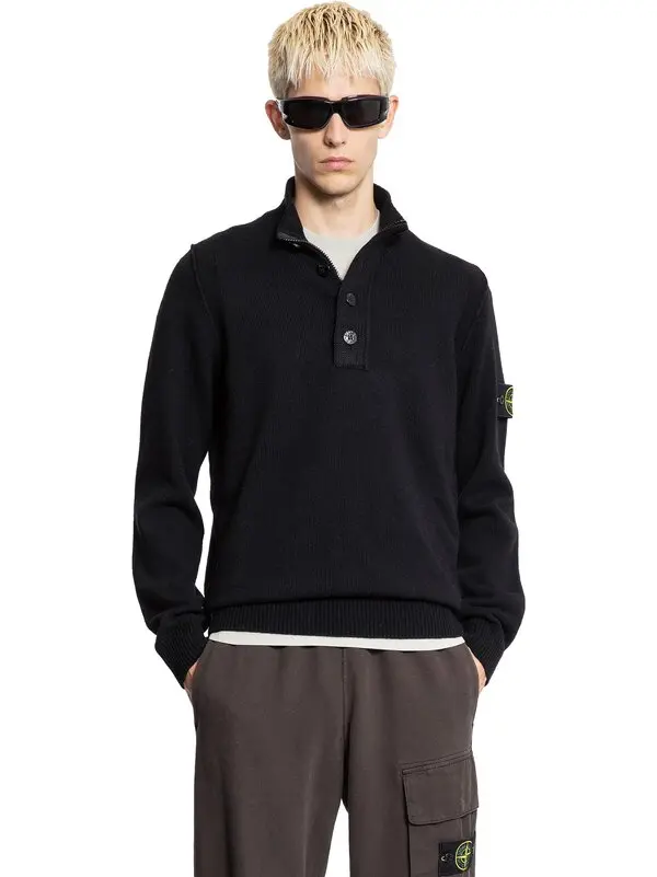 Stone Island Lambswool Blend Quarter-button High Neck Sweater - Black