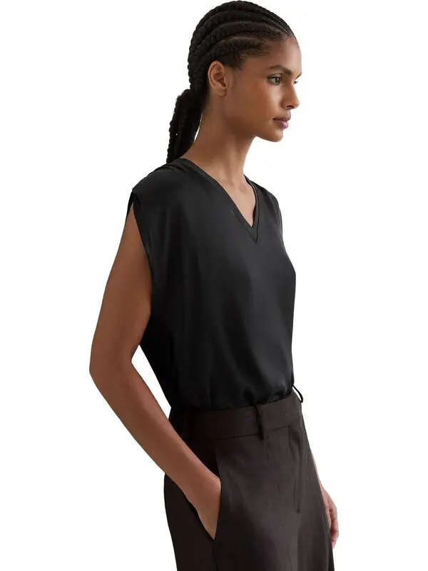 REISS Renita Silk-front Sleeveless V-neck Top - Black