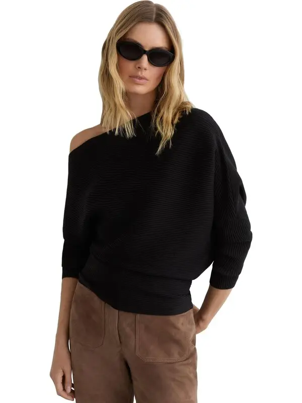 REISS Lorna Asymmetric Draped Knitted Jumper - Black