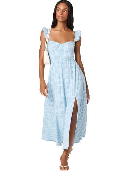 Astr The Label Wedelia Floral Print Sweetheart Neck Midi Dress - Blue Plaid