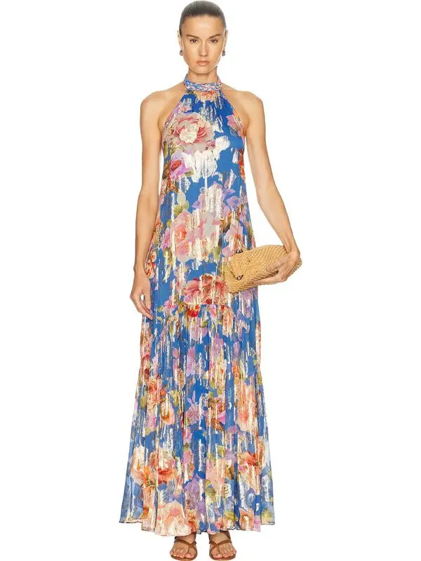 Hemant & Nandita Maxi Dress With Braided Halterneck And Metallic Floral Print - Blue