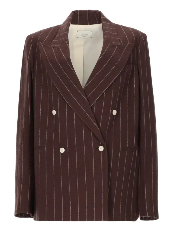 ALYSI Double Breasted Wool Blazer With Stripes - Brown