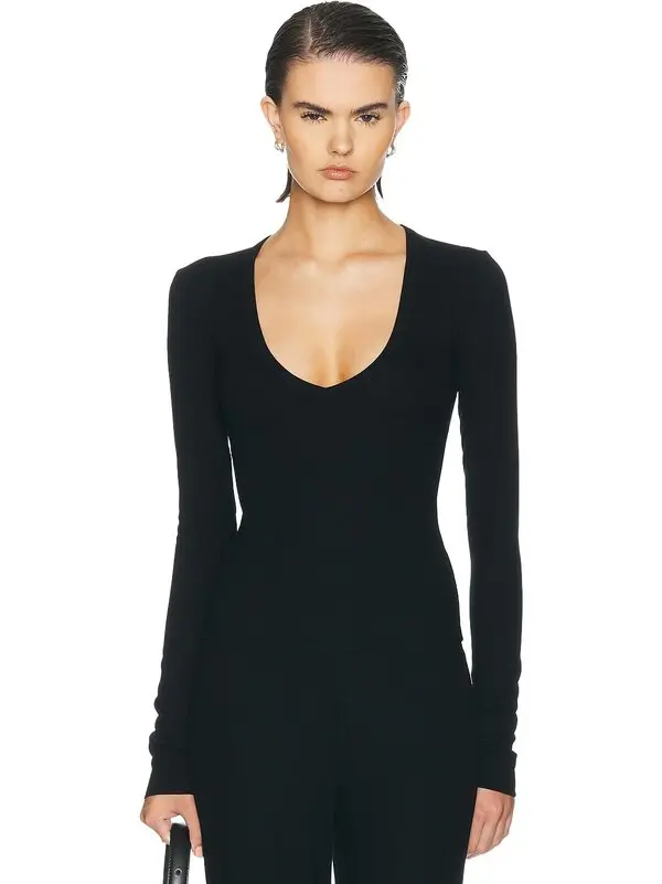 Eterne Long Sleeve Ribbed V-neck Top - Black