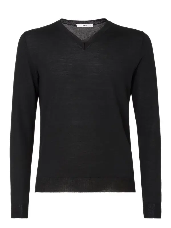 Fendi V-neck Virgin Wool Sweater With Contrast Stitching - Nero