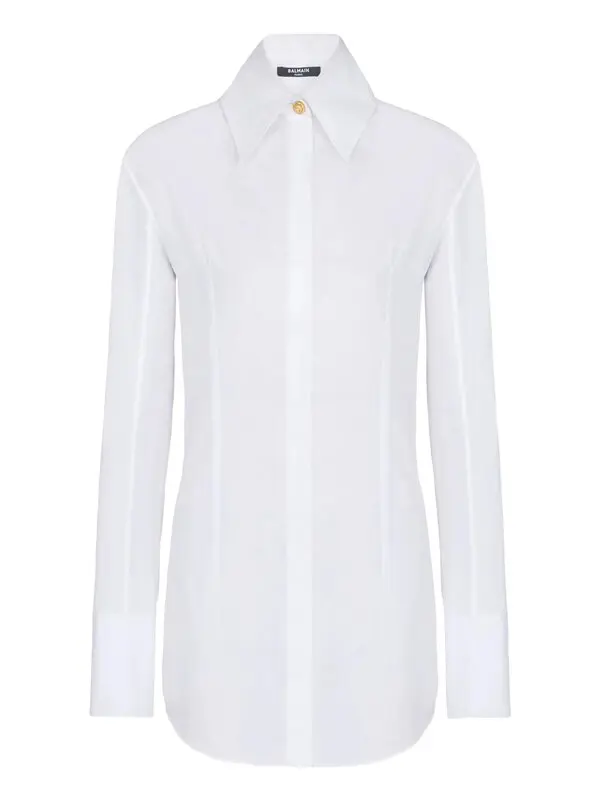 Balmain Wide-peak Collar Button-front Long-sleeve Cotton Top - Bianco