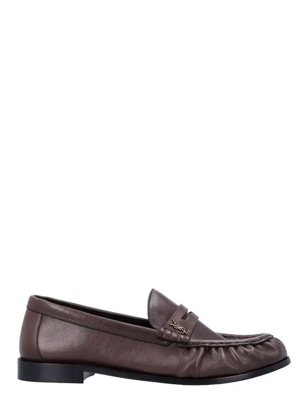 Saint Laurent Matte Calfskin Moc Toe Loafers With Bronze Cassandre Detail - Marrone