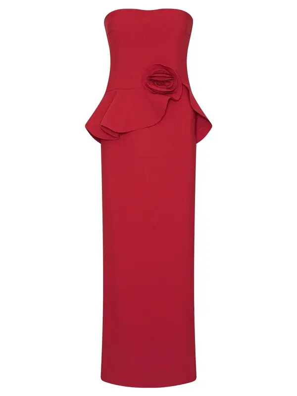 ROTATE BY BIRGER CHRISTENSEN Strapless Maxi Dress With Ruffle Waist Detail And Back Slit - Rosso