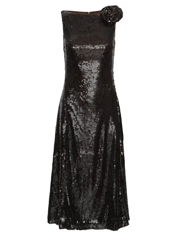 ROTATE BY BIRGER CHRISTENSEN Sequin Midi Flared Dress With Decorative Flower Appliqu - Marrone