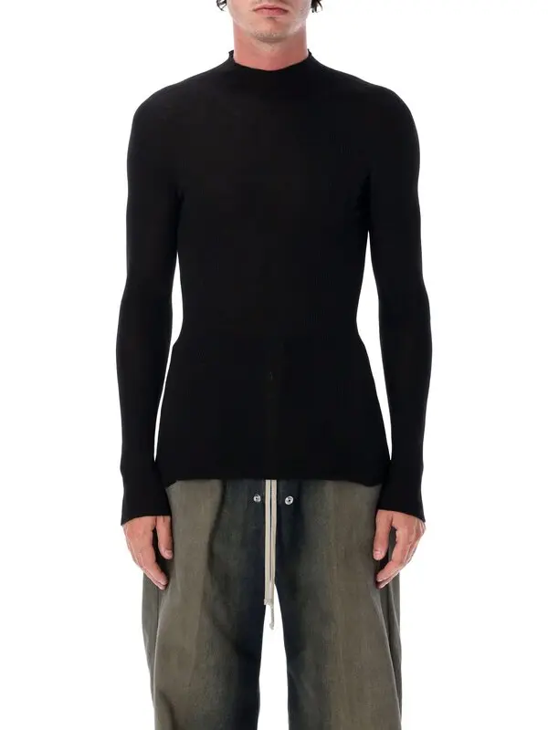Rick Owens Ribbed Wool Turtleneck Sweater With Center-back Seam - Nero