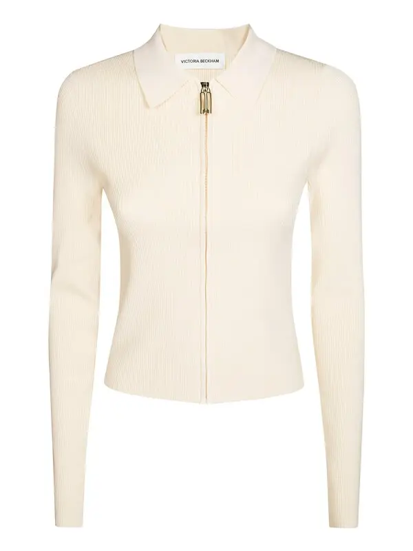 Victoria Beckham Ribbed Knit Zip Polo Top - Beige
