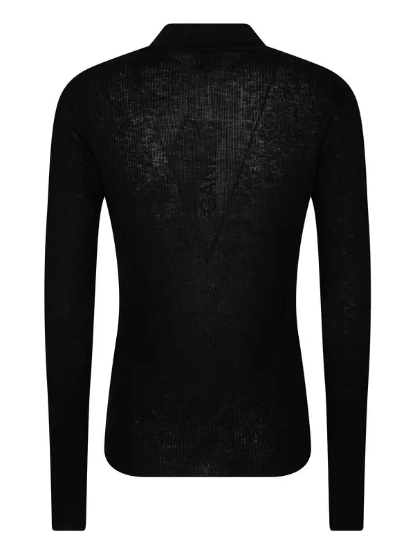 GANNI Sheer Ribbed Wool Polo - Nero