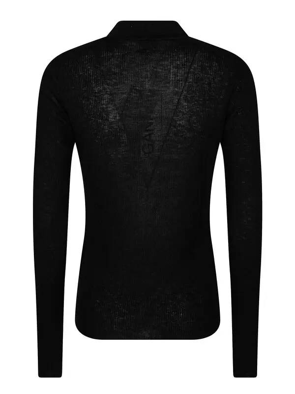 GANNI Sheer Ribbed Wool Polo - Nero