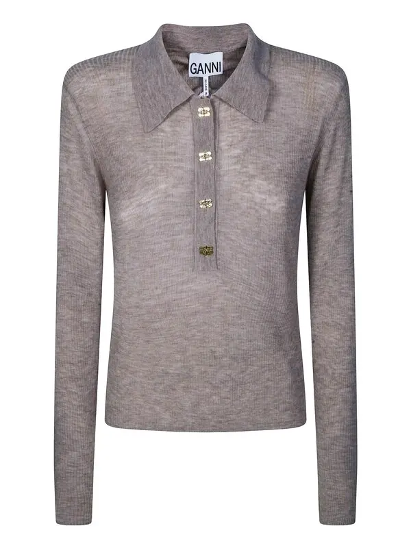 GANNI Ribbed Sheer Wool Polo - Beige