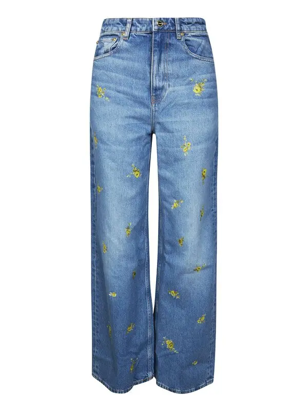 GANNI Printed Floral Wide-leg Denim Jeans - Blu