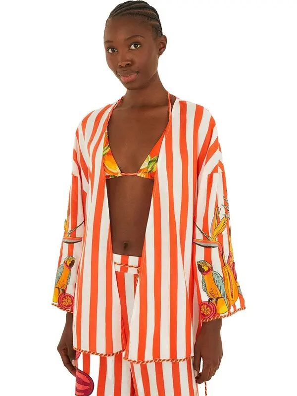 Farm Rio Striped Linen-blend Blouse With V-neck And Drawstring Waist - Rosso