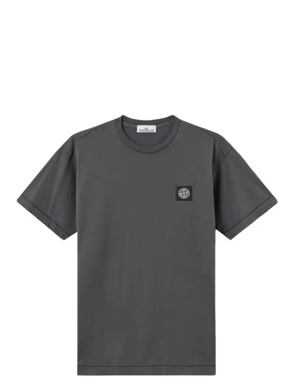 Stone Island Ribbed Crewneck T-shirt With Compass Patch And Chain Stitching - Grigio