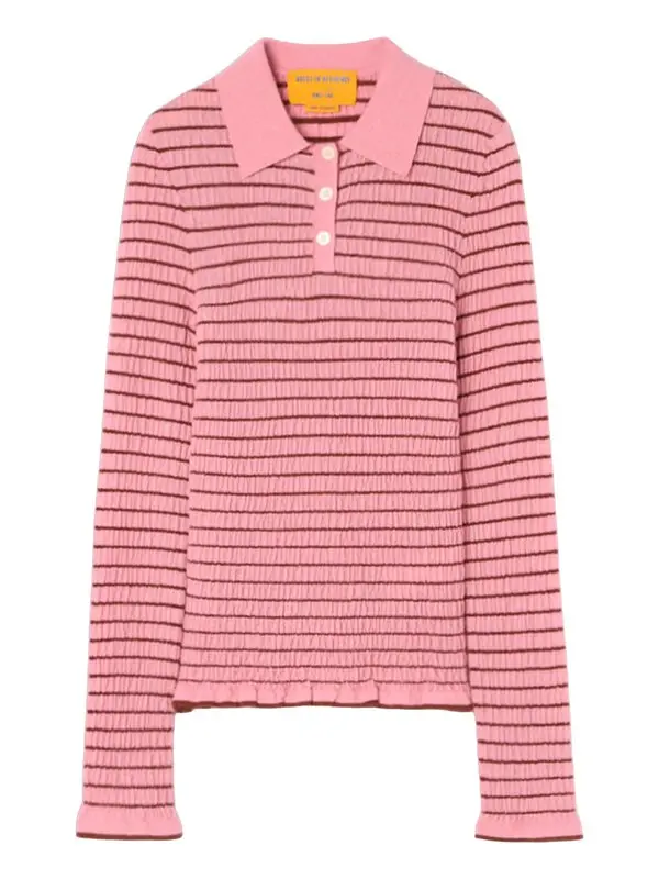 Guest In Residence Long-sleeve Striped Polo With Gathered Detail - Rosa