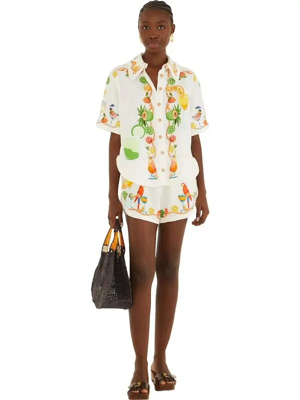 Farm Rio Printed Linen-viscose Shorts With Embroidered Details - Bianco