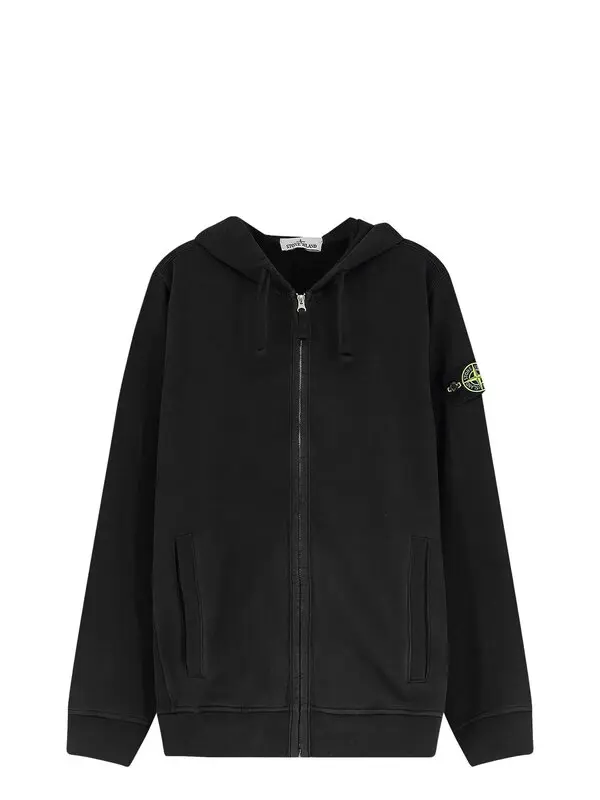 Stone Island 100% Cotton Zip-front Hoodie With Drawstring Hood And Ribbed Cuffs - Nero