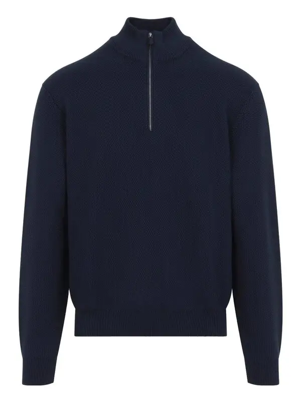 Ralph Lauren Purple Label Silk-cotton Blend Quarter Zip Pullover - Blue
