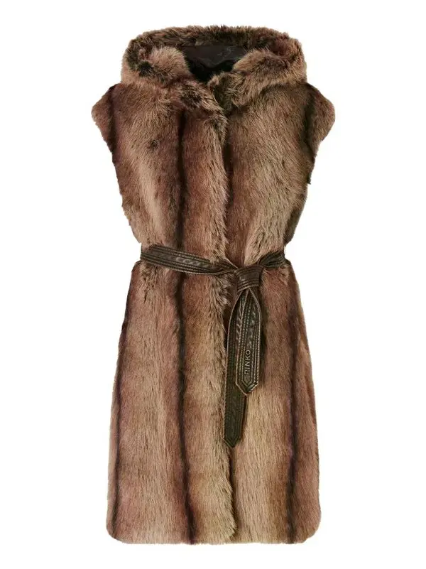 Pinko Hooded Faux Fur Coat - Brown