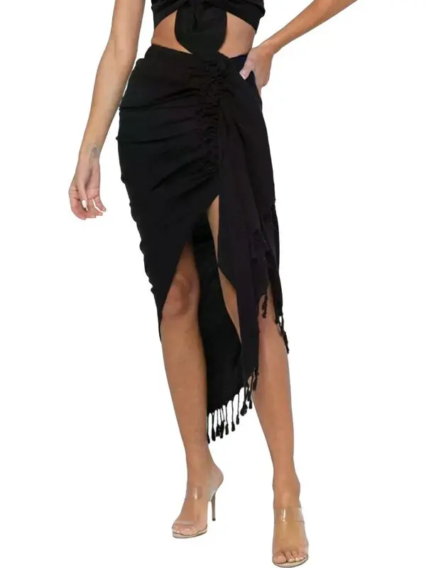 JBQ Tulum Fringed Gathered Midi Skirt - Black