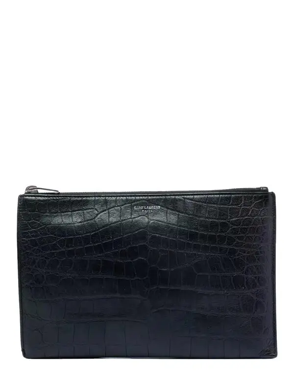 Saint Laurent Croc Embossed Leather Clutch Bag - Black