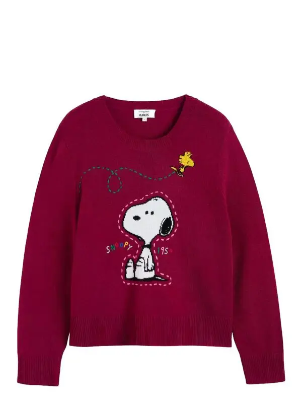 Chinti & Parker Snoopy Embroidered Crew Neck Sweater - Pink