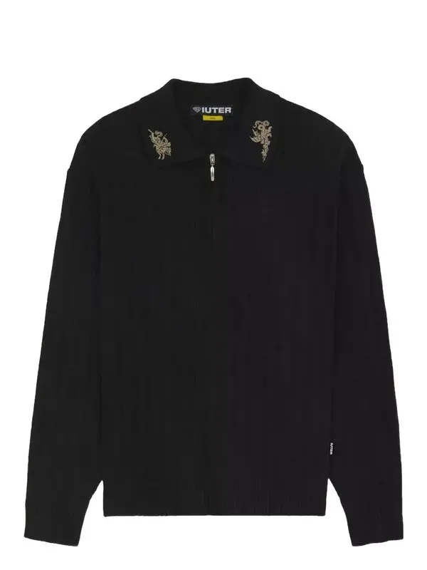 IUTER Ribbed Knit Half-zip Polo With Embroidered Detail - Black