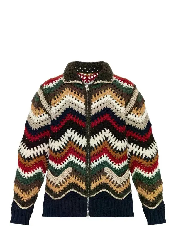 Sacai Crochet Knit Chevron-pattern Zip-up Cardigan - Neutrals