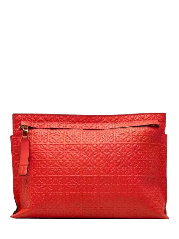 Loewe 2017 Embossed Calfskin Anagram Repeat T Pouch Clutch Bag - Red