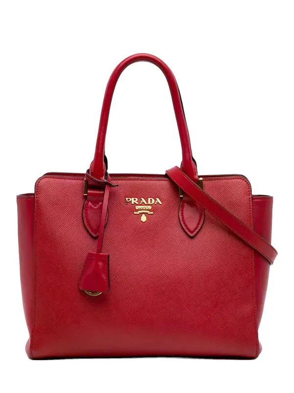Prada Soft Calf Trimmed Saffiano Convertible Tote Satchel - Red