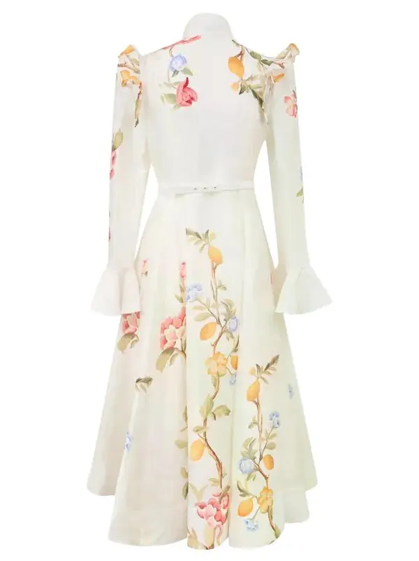 LEO LIN Off-white Floral Print Ruffled Shoulder Midi Dress - Neutrals