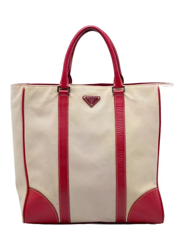 Prada Saffiano Trimmed Canvas Tote Bag - Red