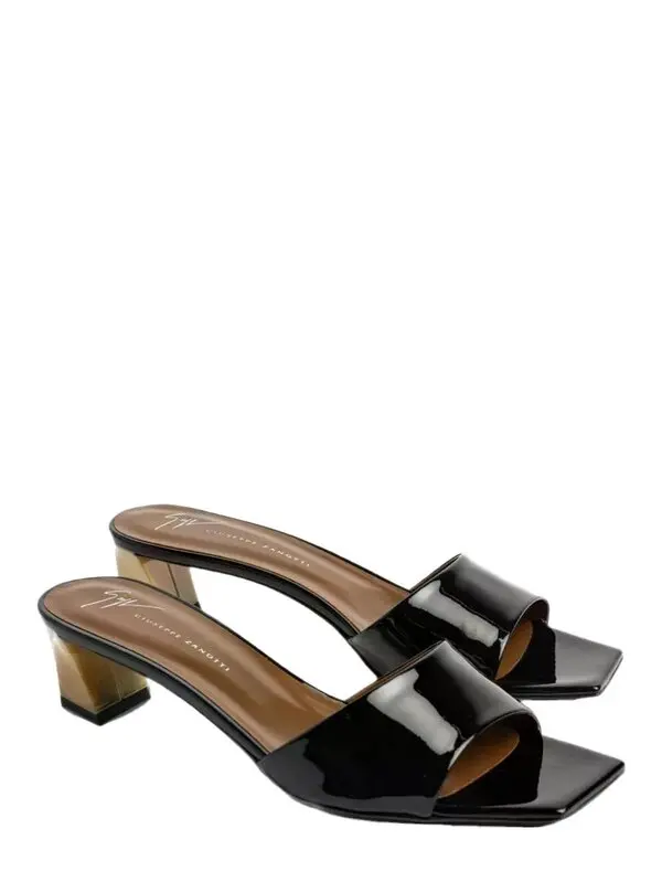 GIUSEPPE ZANOTTI Patent Leather Square Open Toe Block Heel Slip-on Sandals - Black