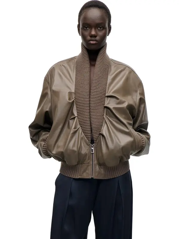 Victoria Beckham Zana Leather Bomber Jacket - Brown
