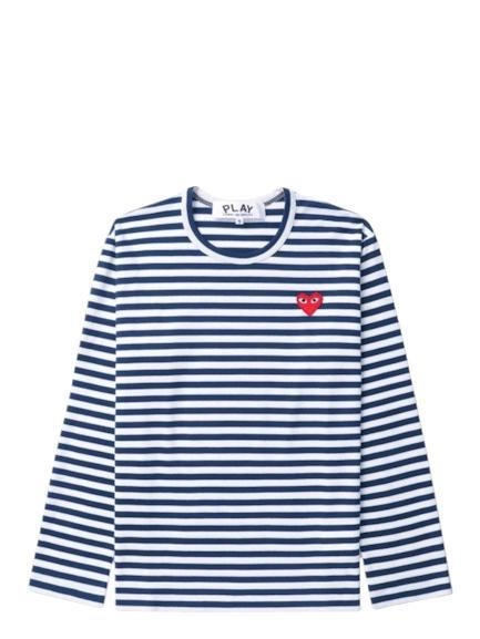 Play Comme Des Garcon Heart Logo Striped Long Sleeve T-shirt - Navy Blue