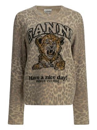 GANNI Crewneck Sweatshirt With Tiger Motif - Brown