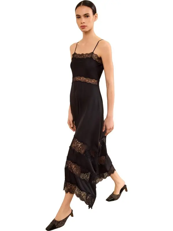 Ulla Johnson Coco Sleeveless Silk Midi Dress With Chantilly Lace Inserts - Noir