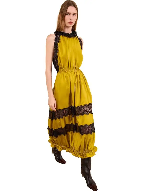 Ulla Johnson Alix Sleeveless Silk Midi Dress With Lace Trim - Citrine